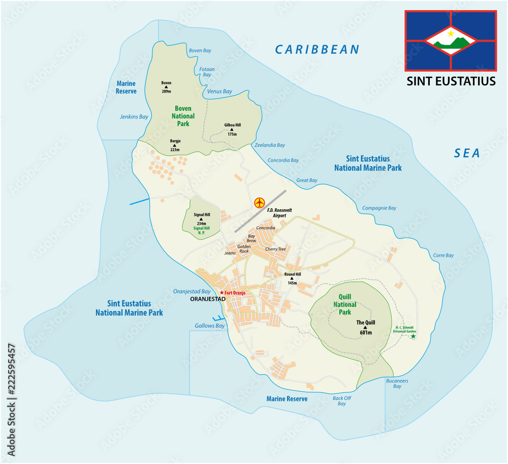 Sint Eustatius road and national park map with flag Stock Vector ...