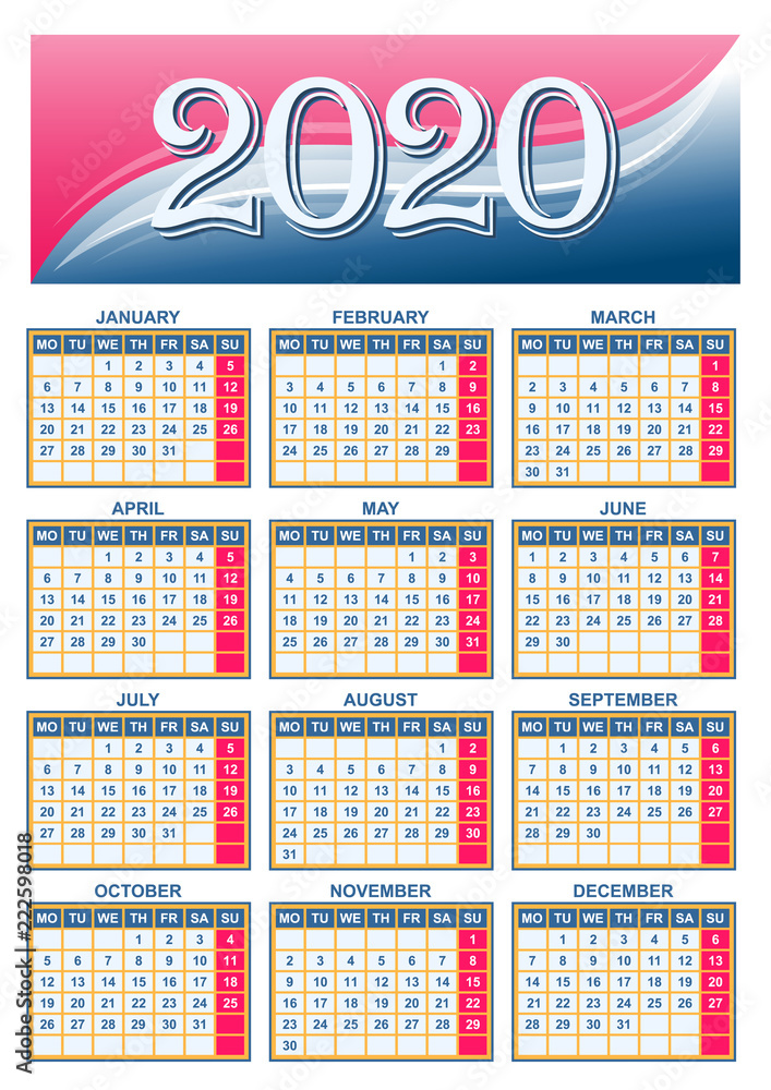 European calendar grid for 2020 Stock Vector | Adobe Stock