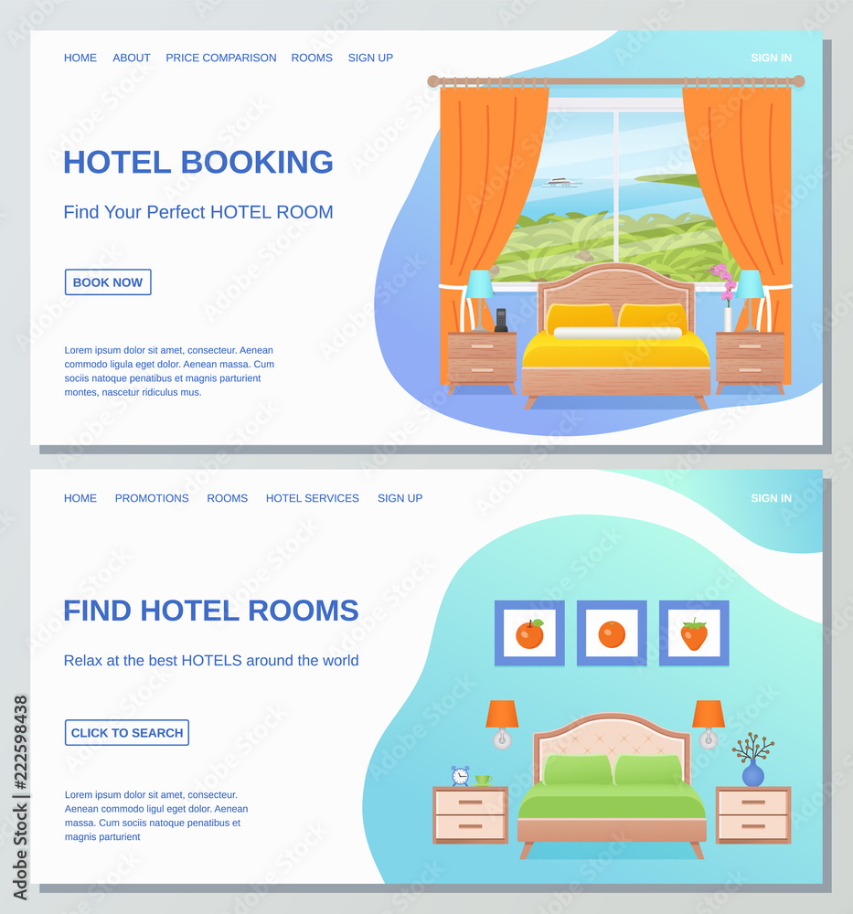 Hotel room web page design templates. Vector. Hotel booking, find room ...
