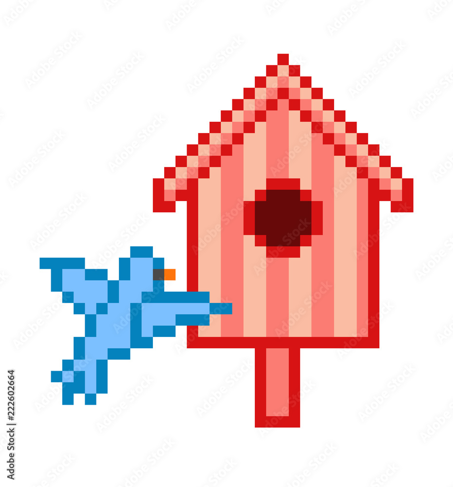 Little blue bird flying to wooden nest box, pixel art illustration ...