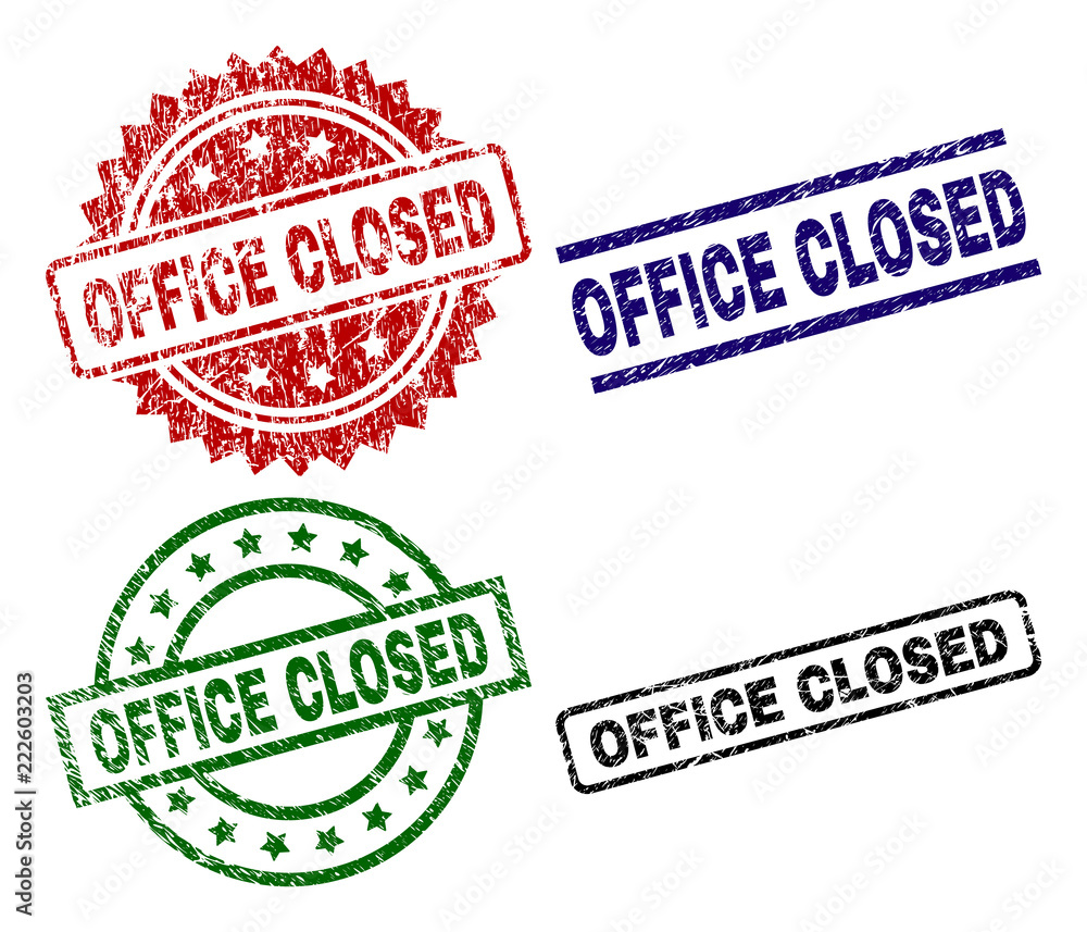 OFFICE CLOSED seal prints with damaged surface. Black, green,red,blue ...