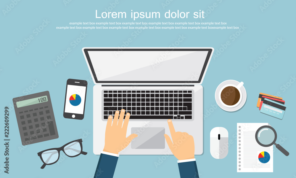 Work desktop top view, office desk table, copy space flat Vector ...