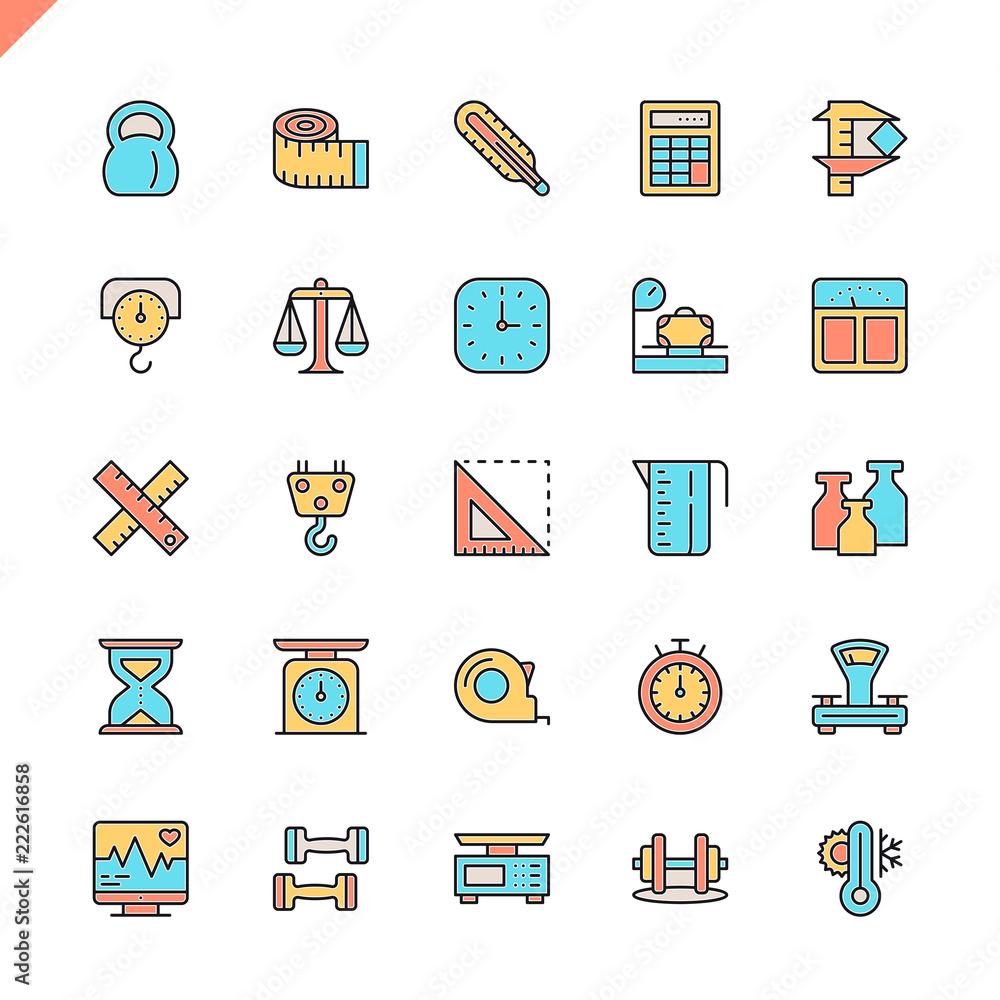 Flat line measuring, measure elements icons set for website and mobile ...