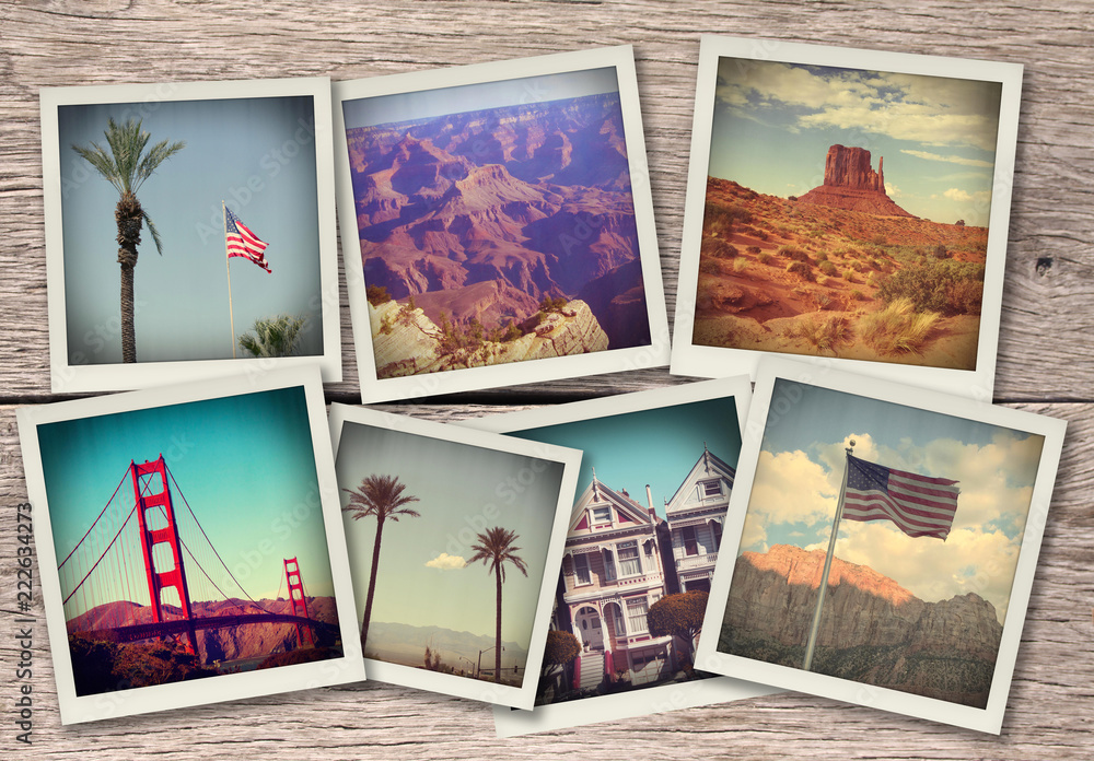 Images from western USA - collage on wood background made like instant ...