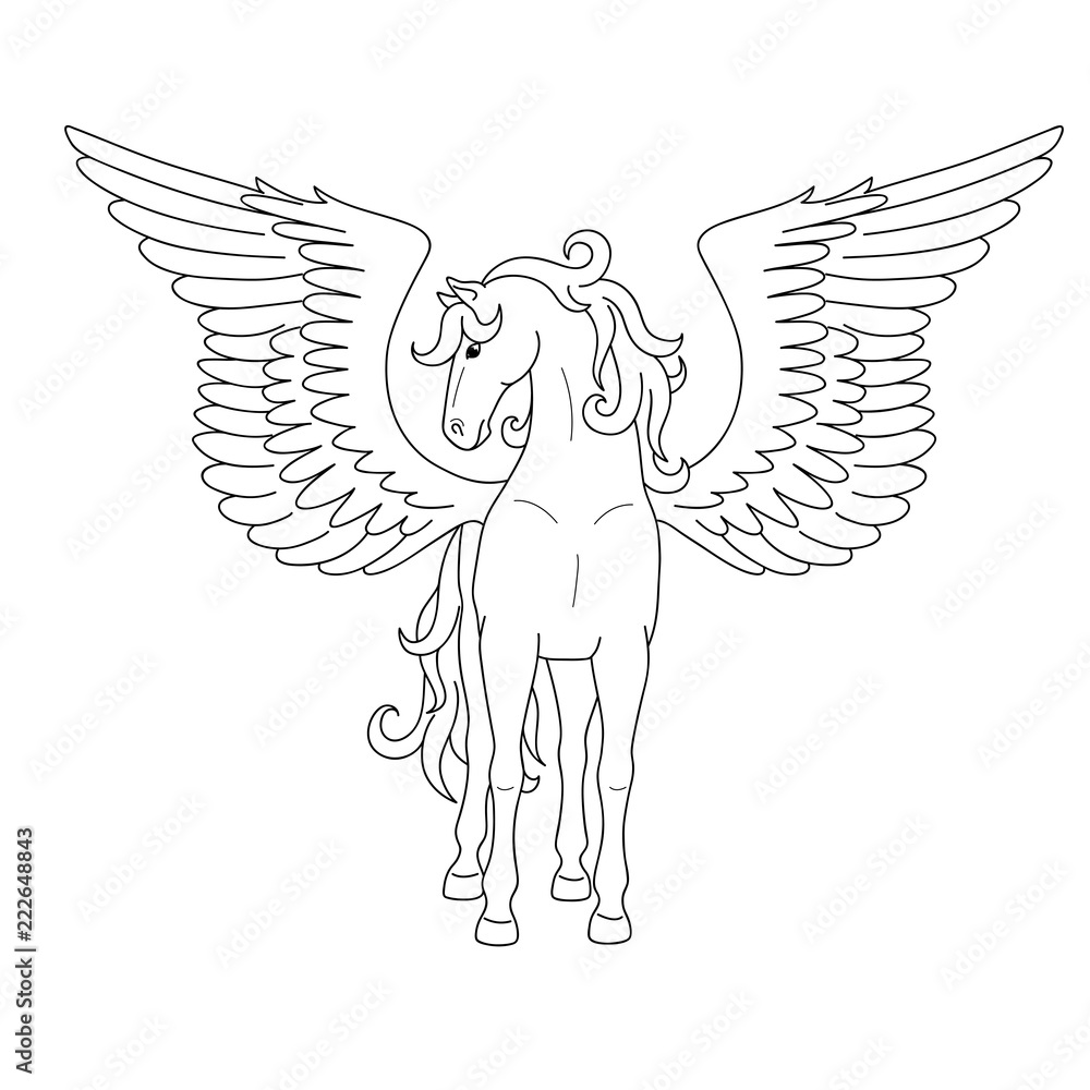 Isolated black outline standing pegasus on white background. Front view ...