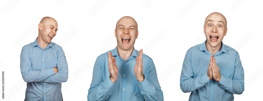 Set of emotions of a young bald guy with clapping, isolated on white ...