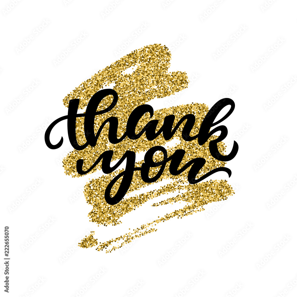 Vector illustration of hand drawn lettering. Thank you card with gold ...