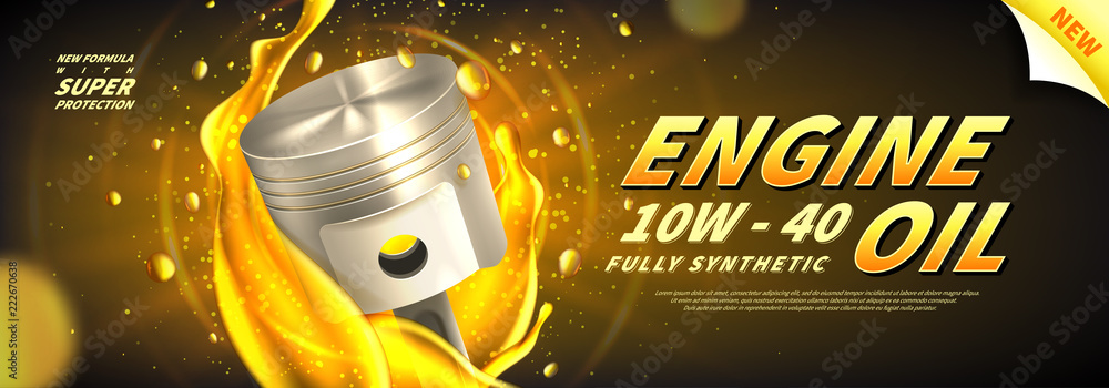 Engine oil advertisement web banner. Vector illustration with realistic ...