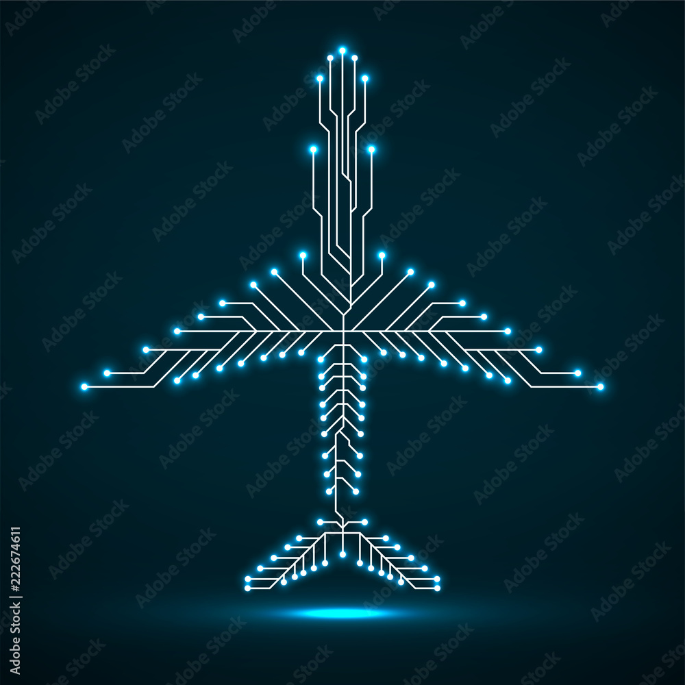 Abstract neon airplane with circuit board, plane logo. Vector Stock ...