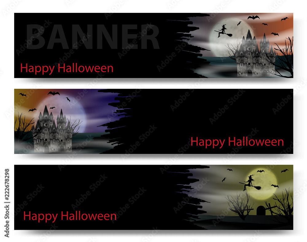 Halloween banner set on the black background with gothic castle, flying ...