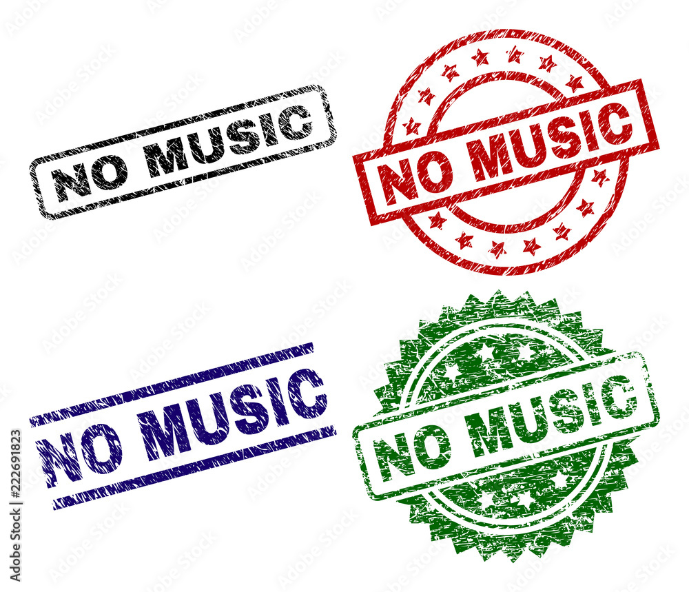 NO MUSIC seal prints with damaged texture. Black, green,red,blue vector ...