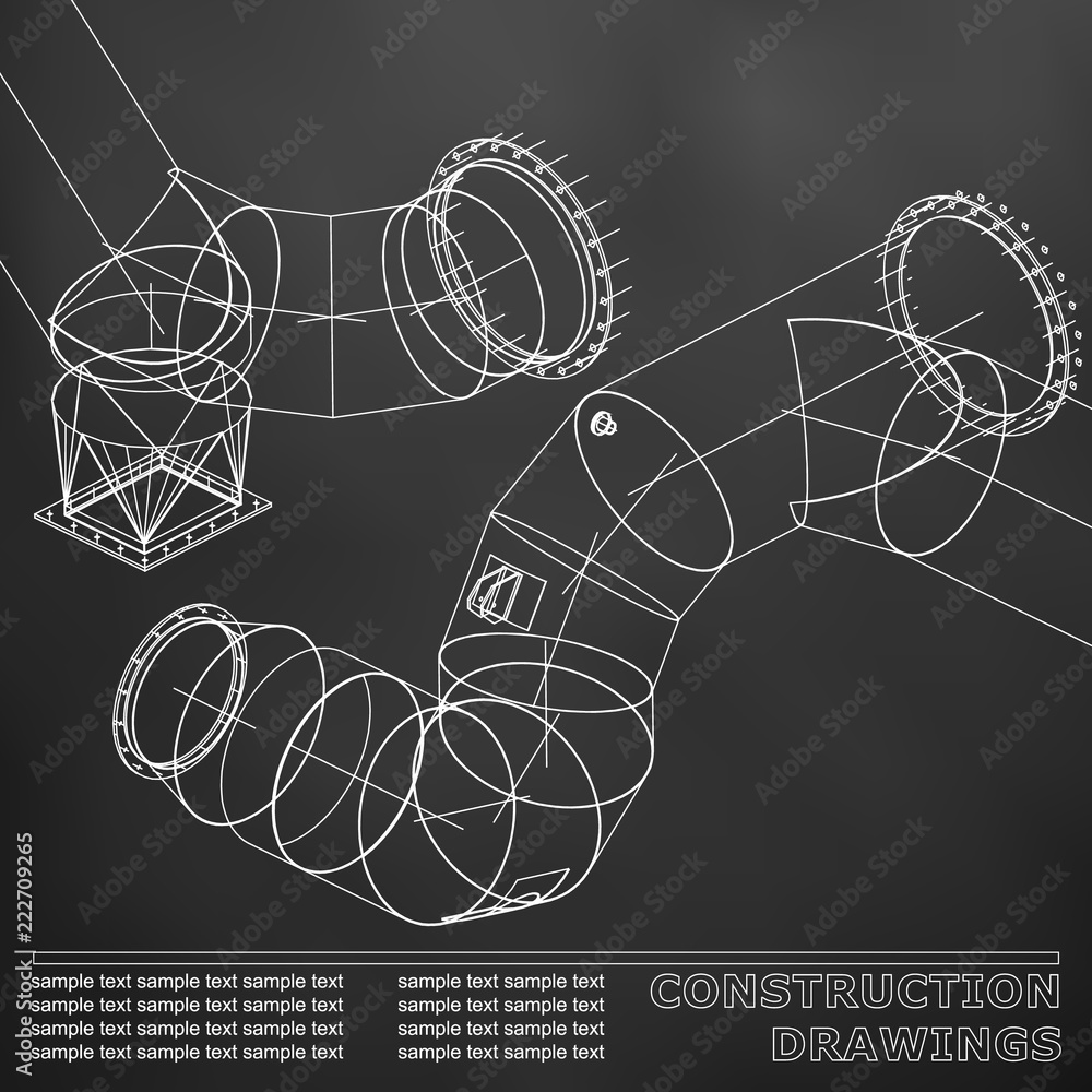 Black. Drawings of steel structures. Pipes and pipe. 3d blueprint of ...