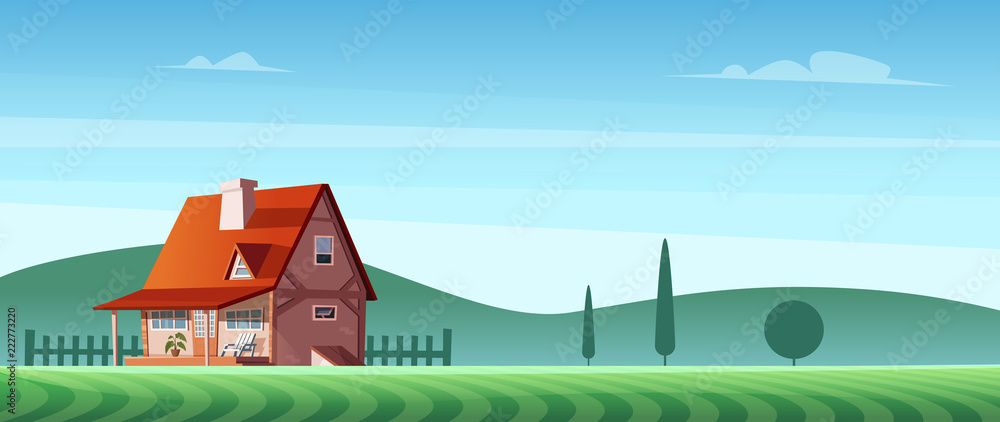 Colorful countryside landscape with a beautiful village house. Rural ...