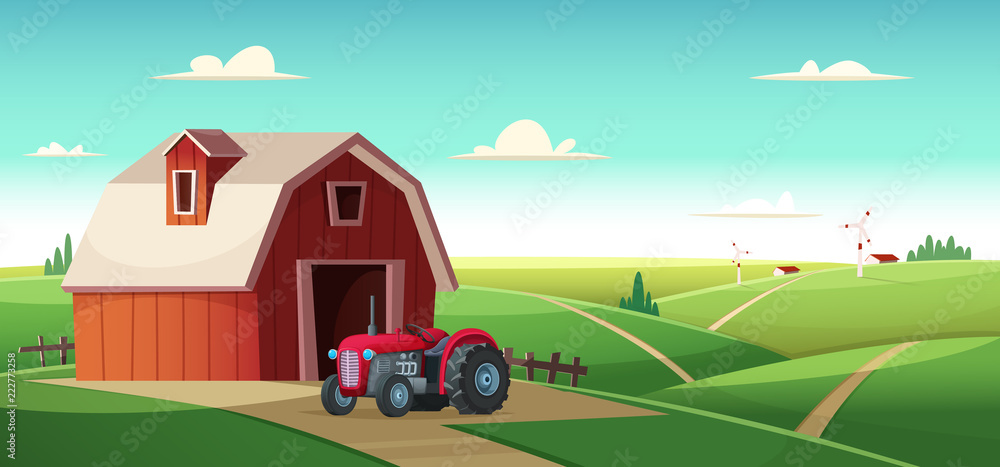 Colorful countryside landscape with a barn and tractor on the hill ...