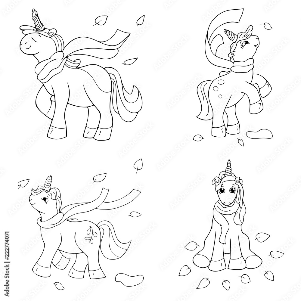 Cute four unicorns dressed the scarf, autumn season, coloring book ...