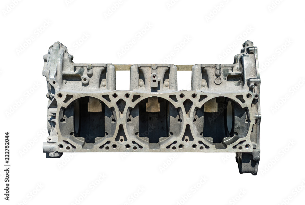 A disassembled of a three-cylinder engine block isolated on a white ...