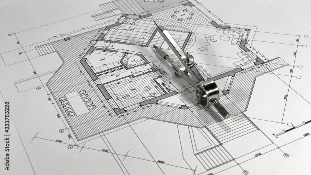 Blueprints - architectural drawings and compasses smoothly rotate on ...