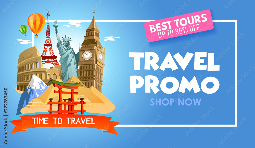 Travel agency promo banner with discounts for tours. Vector ...