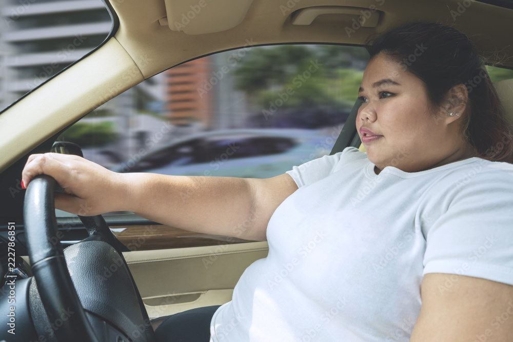 Fat woman driving a car without a seat belt Stock Photo | Adobe Stock