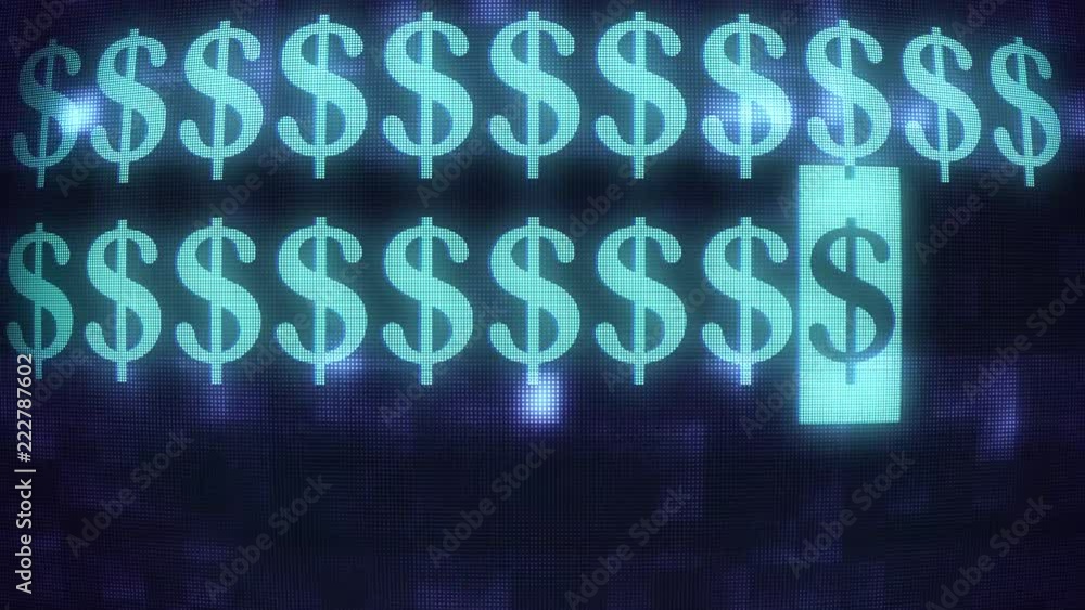 green dollar sign fast typing on old curved led lcd display animation ...