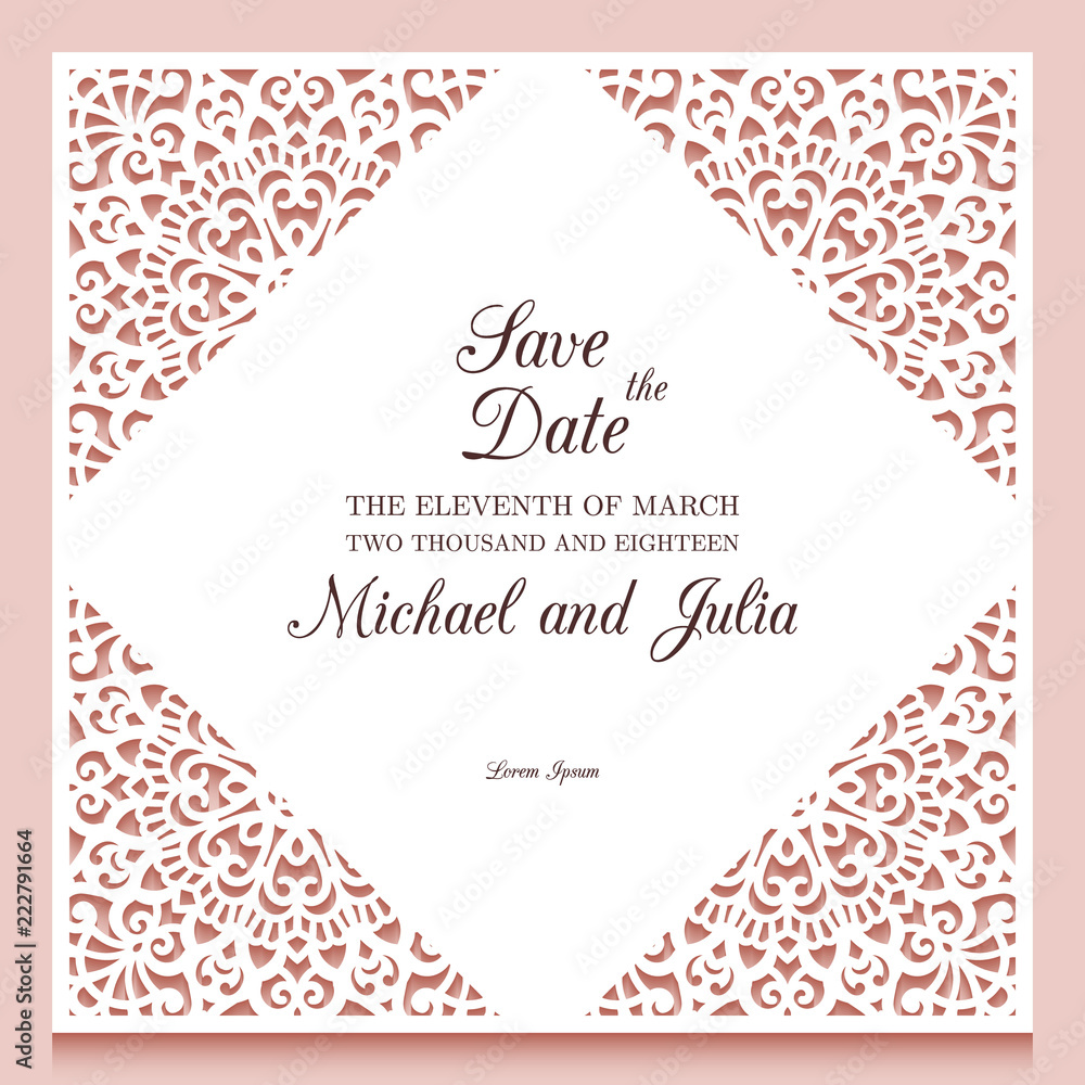 Laser cut wedding invitation template. Ornamental frame with cutout ...