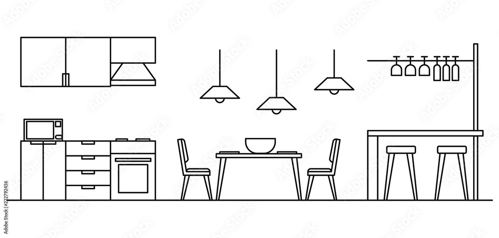 Modern kitchen concept background. Outline illustration of modern ...