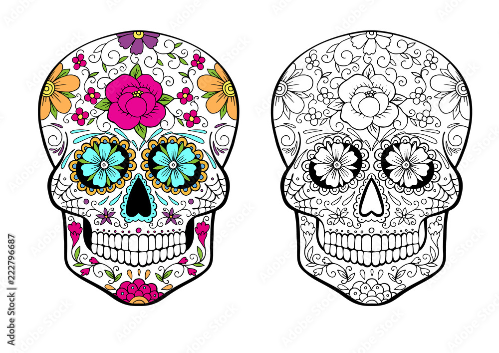 Sugar Skull Coloring page with color example Stock Vector | Adobe Stock