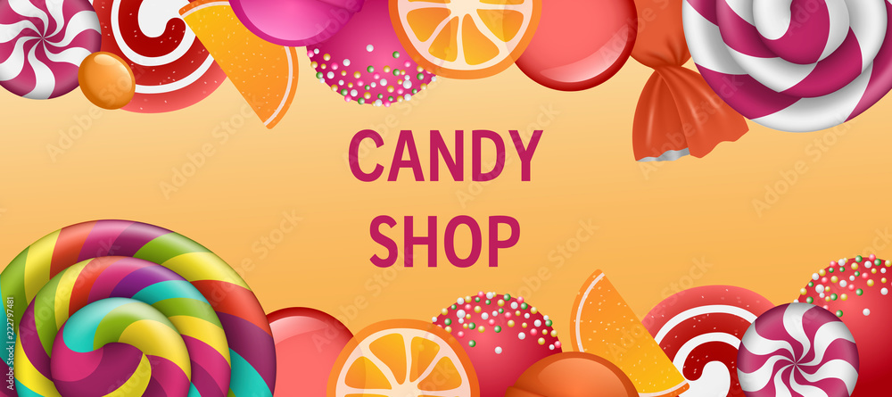 Sweet candy shop concept banner. Realistic illustration of sweet candy ...