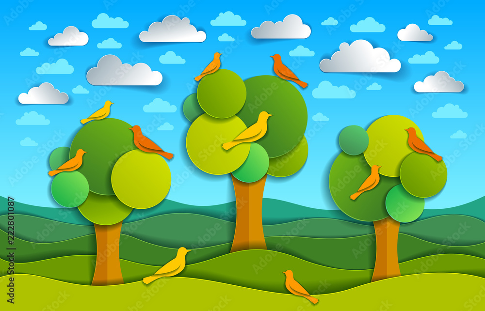 Three trees with birds in the field scenic nature landscape cartoon ...