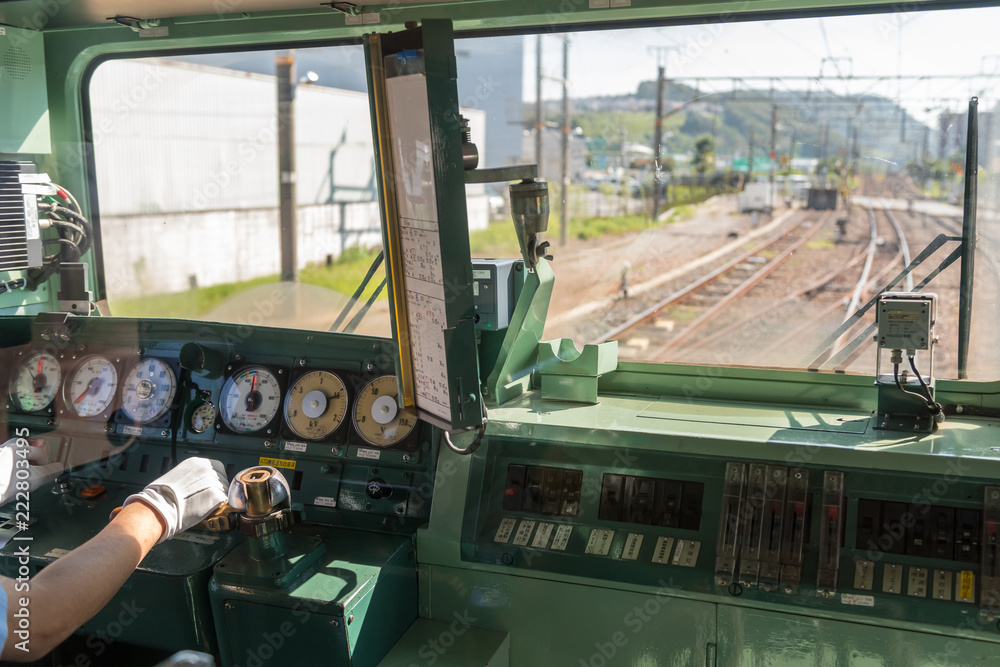 Insight into the train driver's locomotive in a Japanese train. Stock ...