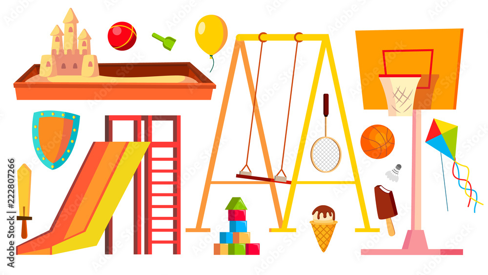 Playground Equipment Set Vector. Children, Kids Playing Area ...