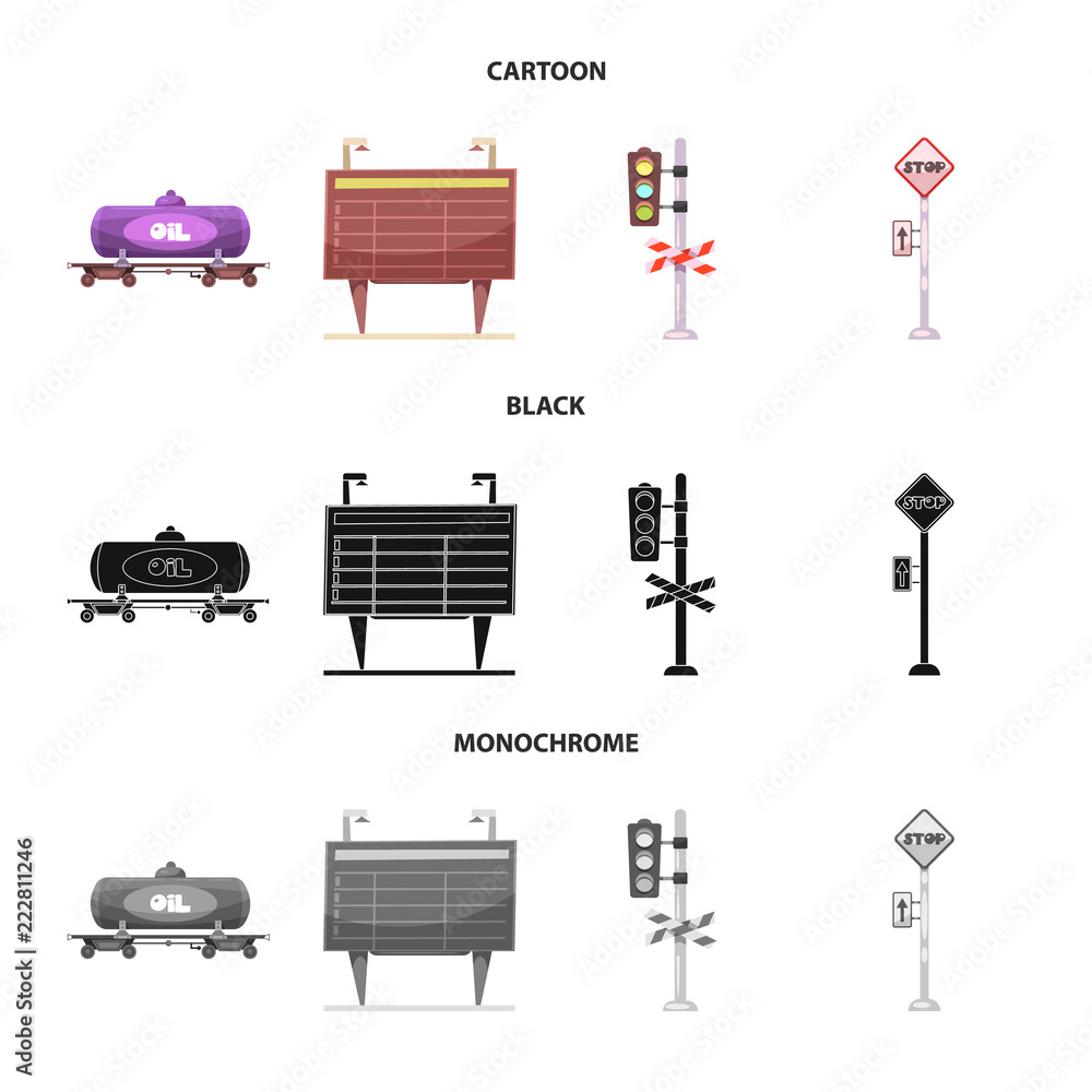 Vector illustration of train and station sign. Collection of train and ...