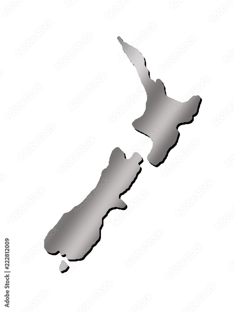 New Zealand illustration of a contour map with black shadow on white ...