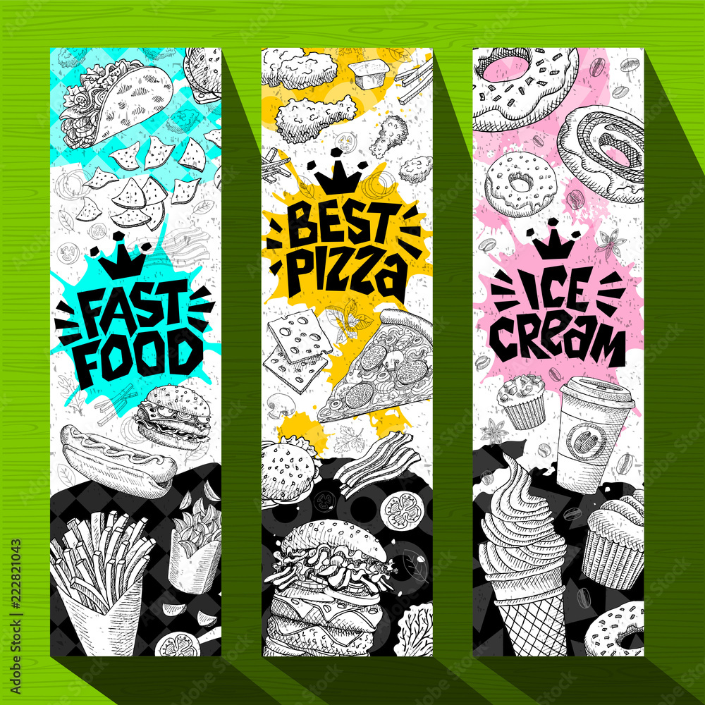 Fast food colorful modern banners set labels. Fast food. Best pizza ...
