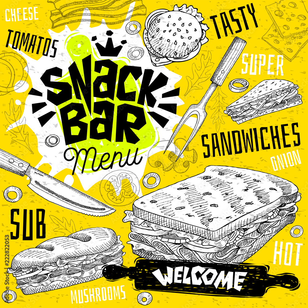 Snack bar cafe restaurant menu. Vector sub sandwiches fast food flyer ...