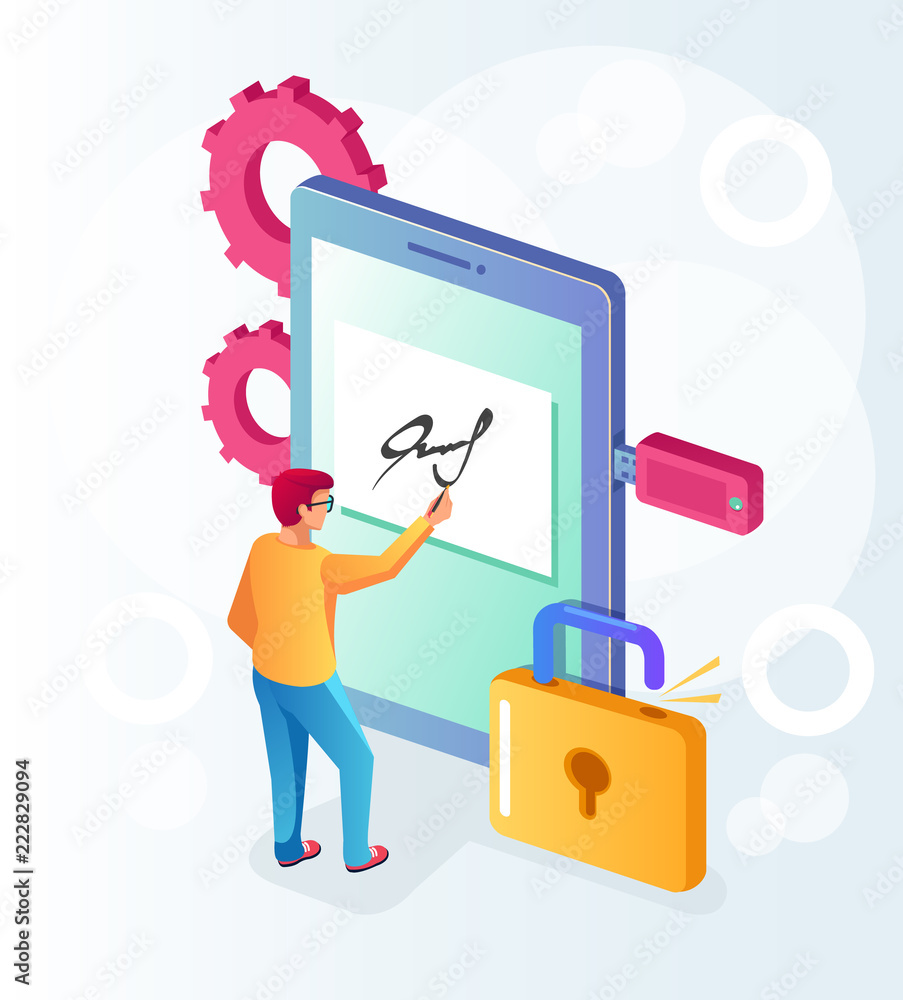 Business man office worker character sign documents online web digital ...