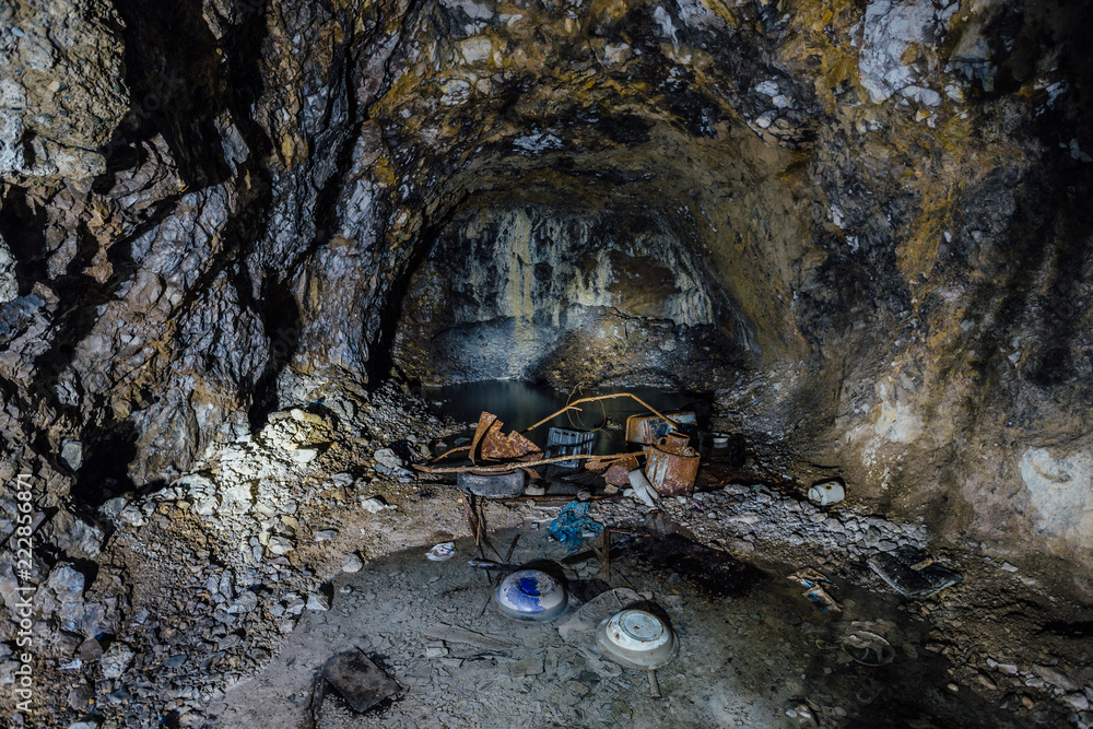 Abandoned mine. Dead end. Abandoned stone development of galleries ...