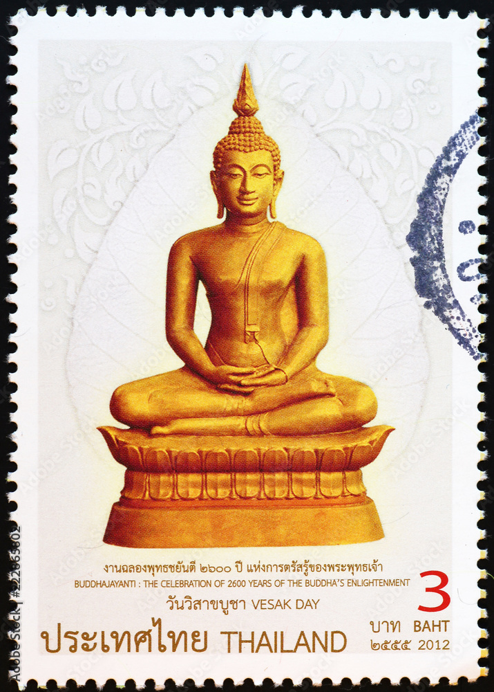 Statue of a golden Buddha on thai postage stamp Stock Photo | Adobe Stock