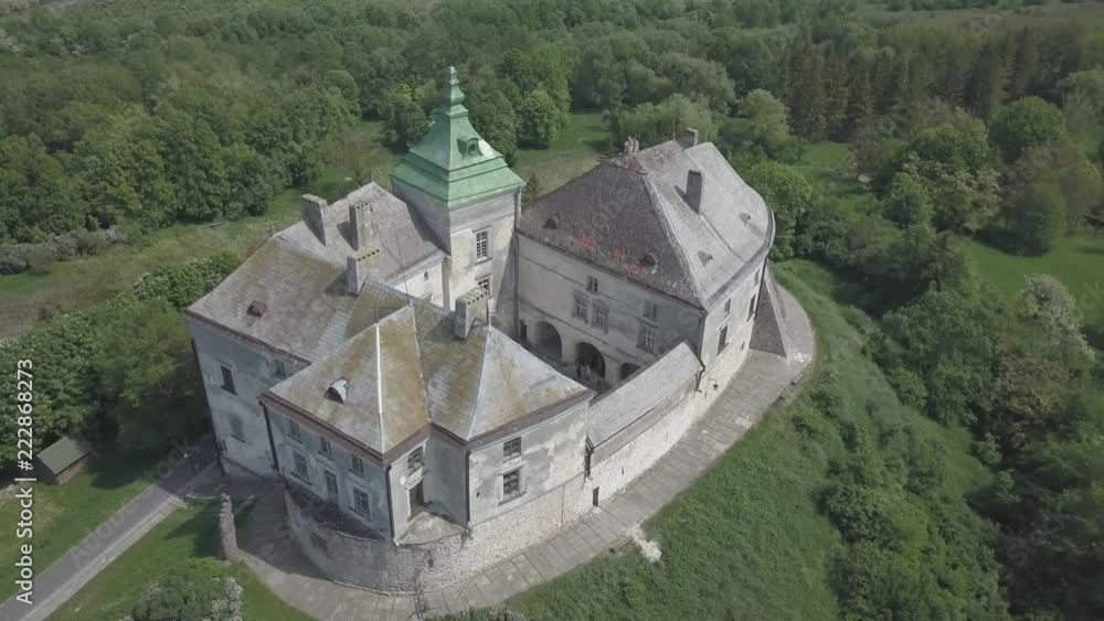 Aerial view from drone to the historic castle and park in Olesko ...