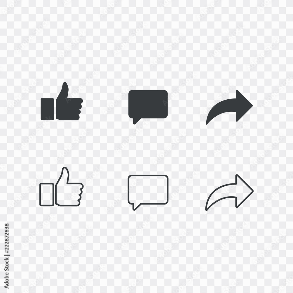 Thumbs up and with repost and comment icons on a white background ...