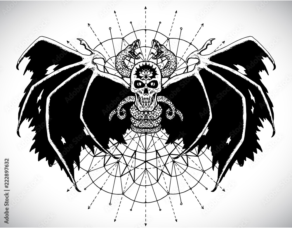 Black demon skull and sacred geometry circle. Esoteric, occult and ...