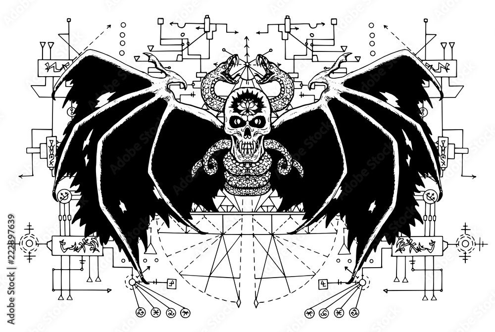 Evil demon skull against sacred geometry background. Esoteric, occult ...