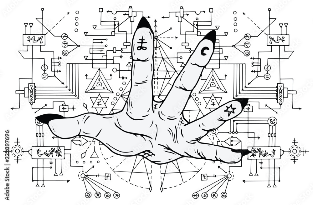Open palm with mystic signs on fingers against sacred geometry pattern ...