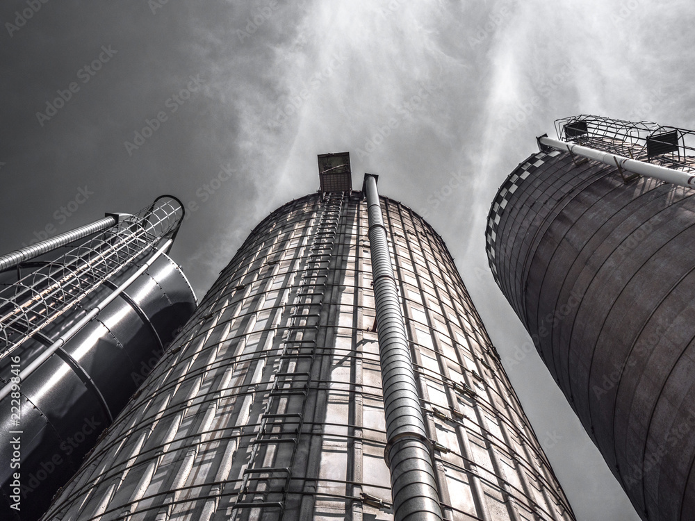 Dramatic industrial or agricultural photograph looking up the side of a ...