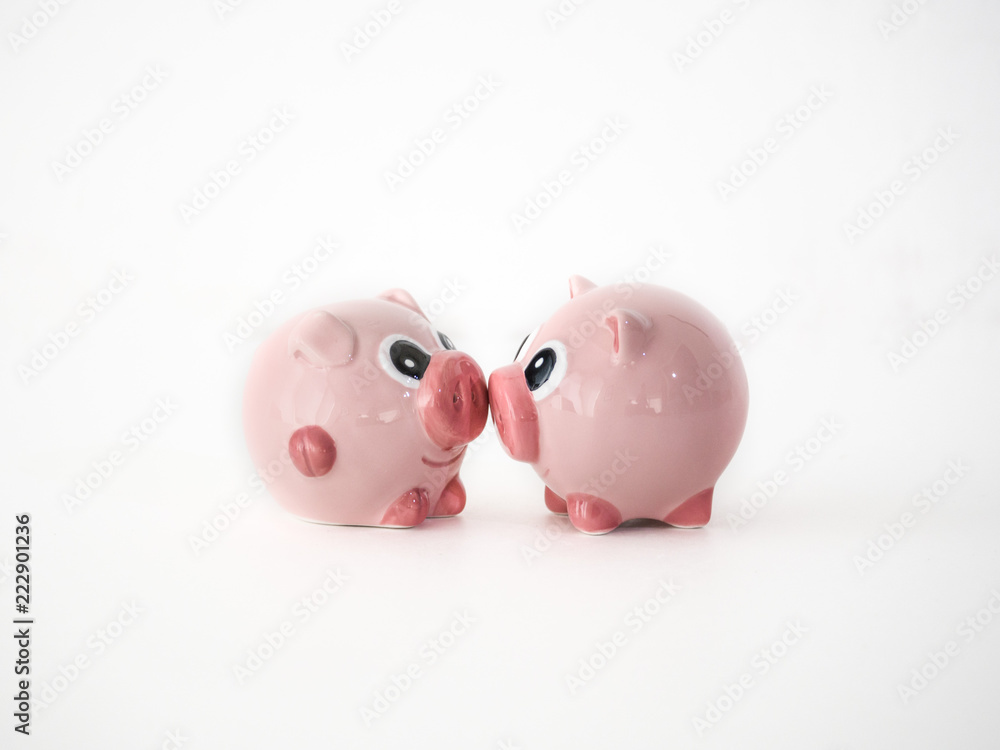 Close up photograph of two pink round pig ceramic salt and pepper ...