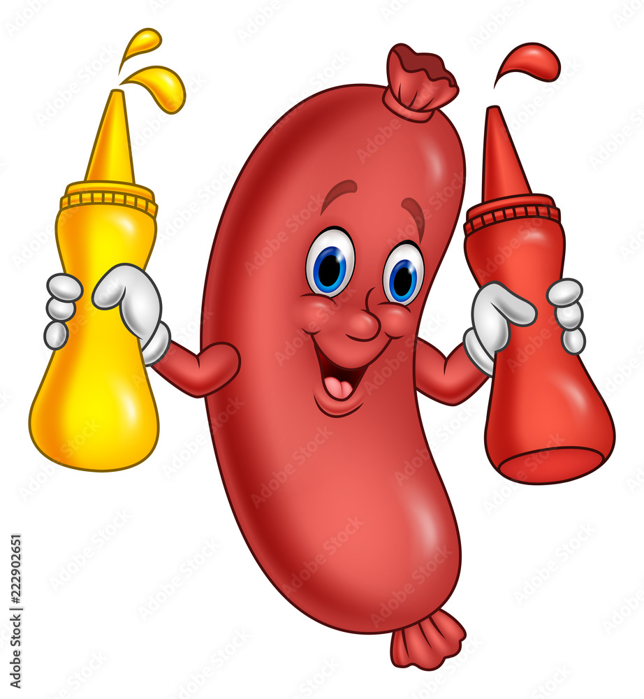 Cartoon sausage with mustard sauce and ketchup squeeze bottles Stock ...