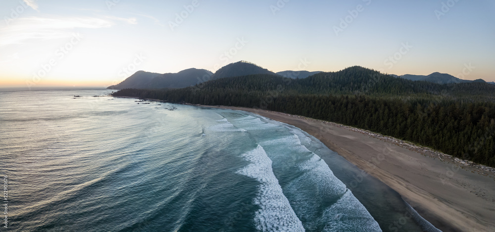 Aerial panoramic view of a beautiful beach on Pacific Ocean Coast ...