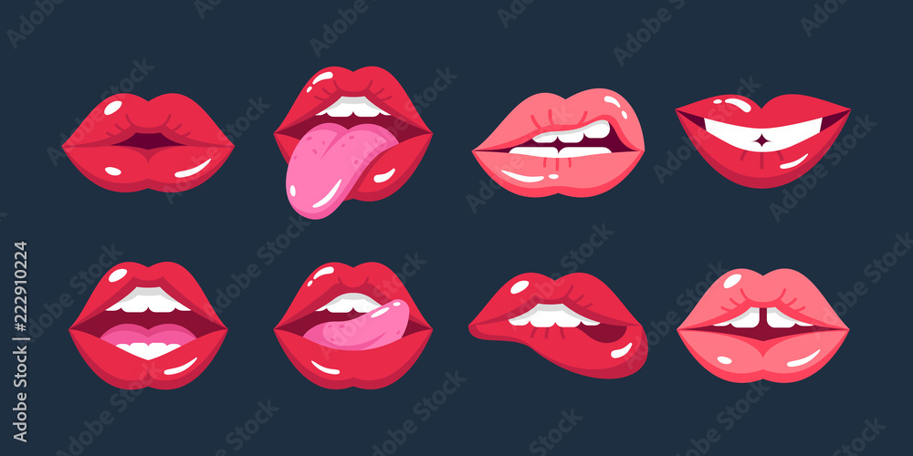 Painted female lips, in cartoon style, in different emotions ...