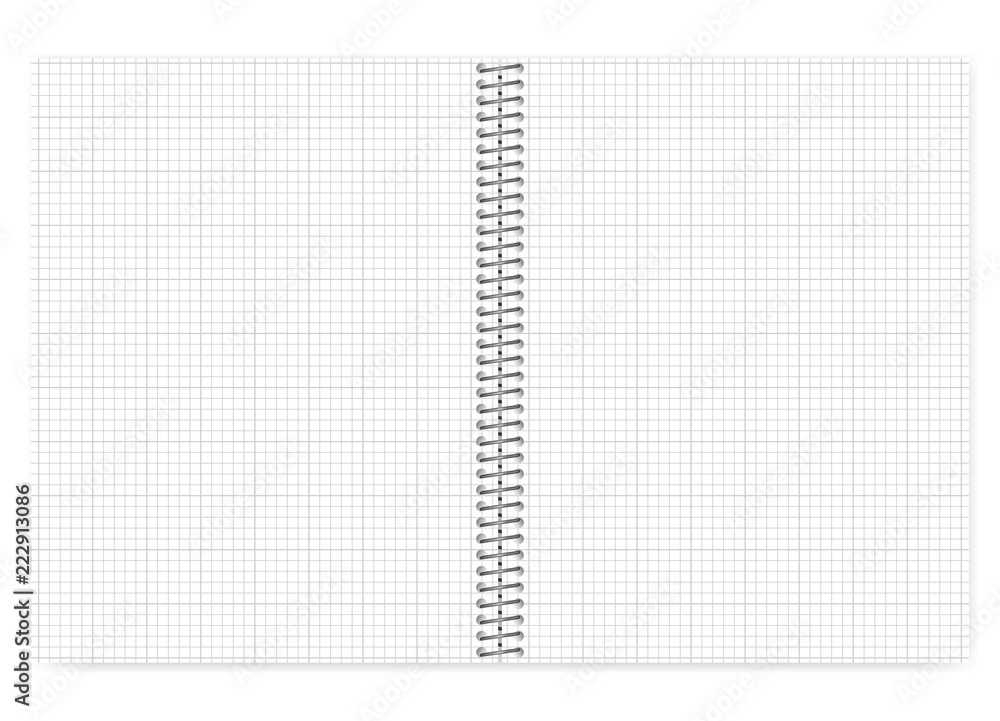 Open grid lined wire bound notebook with metal spiral, vector mockup ...