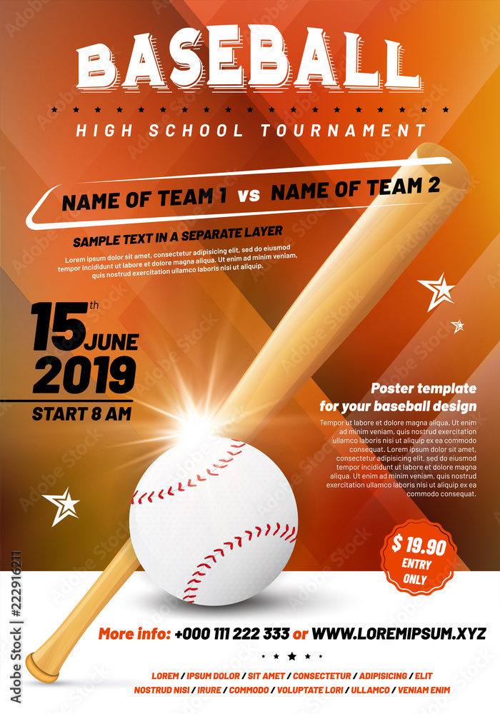 Baseball tournament poster template with ball and bat Stock Vector ...